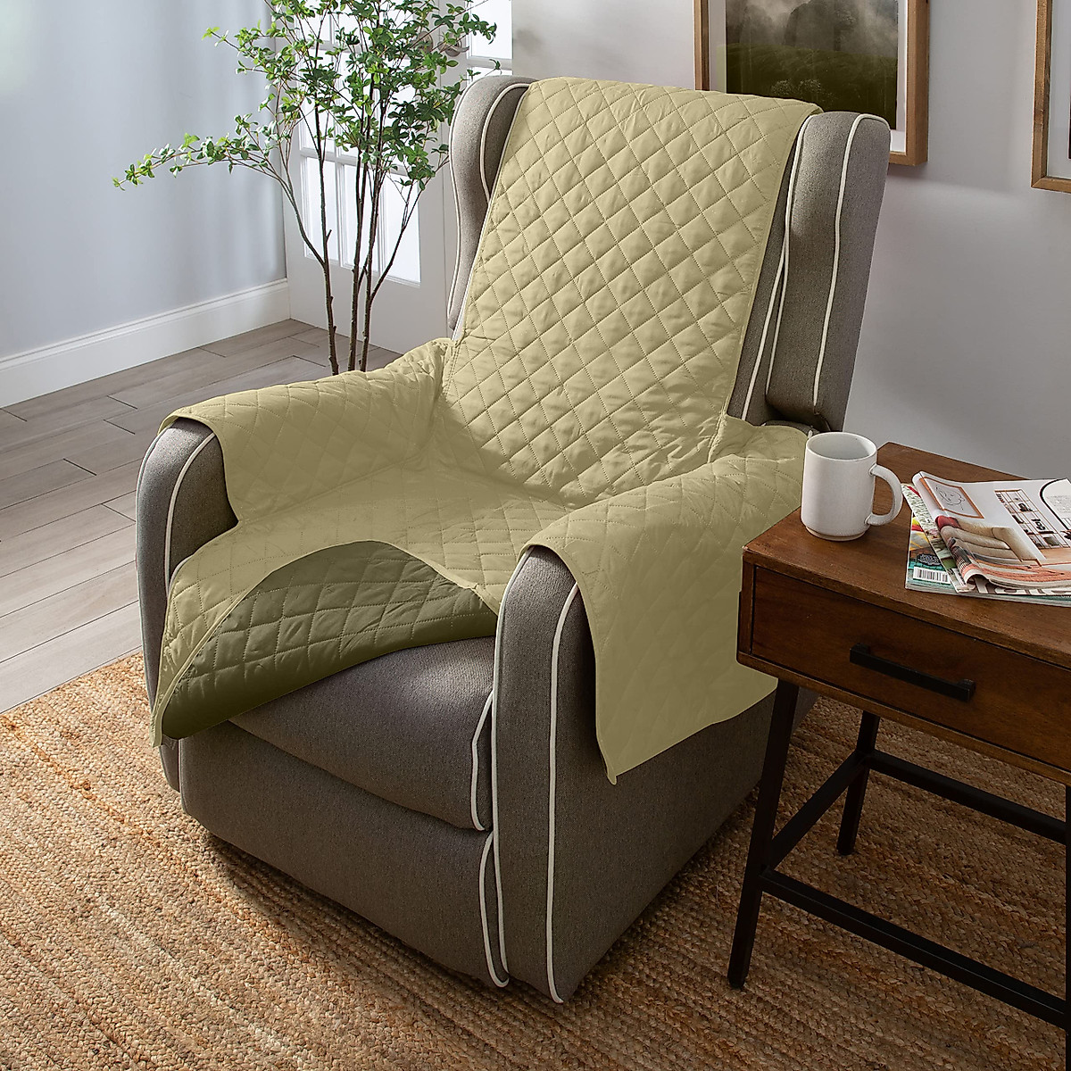 Home Details Quilted Reversible Furniture Protector Slipcover, Good for Dog Hair, Dust & Spills, Machine Washable, Arm Chair Sage-Olive