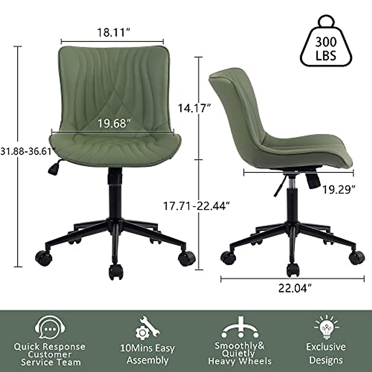 YOUTASTE Office Chair Armless Desk Chair Small Computer Swivel Rolling Chair with Wheels, Modern Upholstered PU Leather Computer Task Chair, Adjustable Home Office Desk Chairs, Olive Green