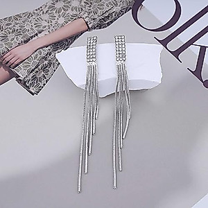 Sttiafay Vintage Rhinestone Dangle Earrings Silver Sleek Chain Drop Earrings Crystal Long Chain Tassel Earrings Sleek Metal Chain Earrings Jewelry for Women and Girls