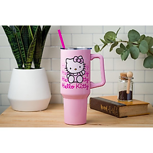 Silver Buffalo Sanrio Hello Kitty Waving Stainless Steel Tumbler with Handle and Straw, Fits in Standard Cup Holder, 40 Ounces