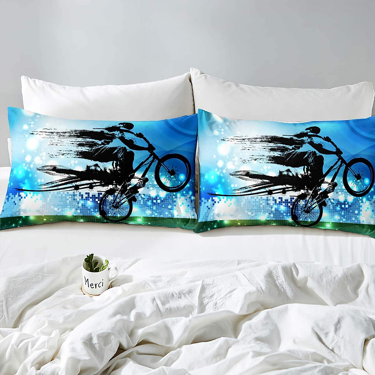 Boys Bedding Set,Dirt Bike Sports BMX Rider Silhouette Blue Halftone Effect Extreme Background,Decor Comforter Cover Full Size 3 Pcs (1Duvet Cover +2 Pillowcases),Zipper