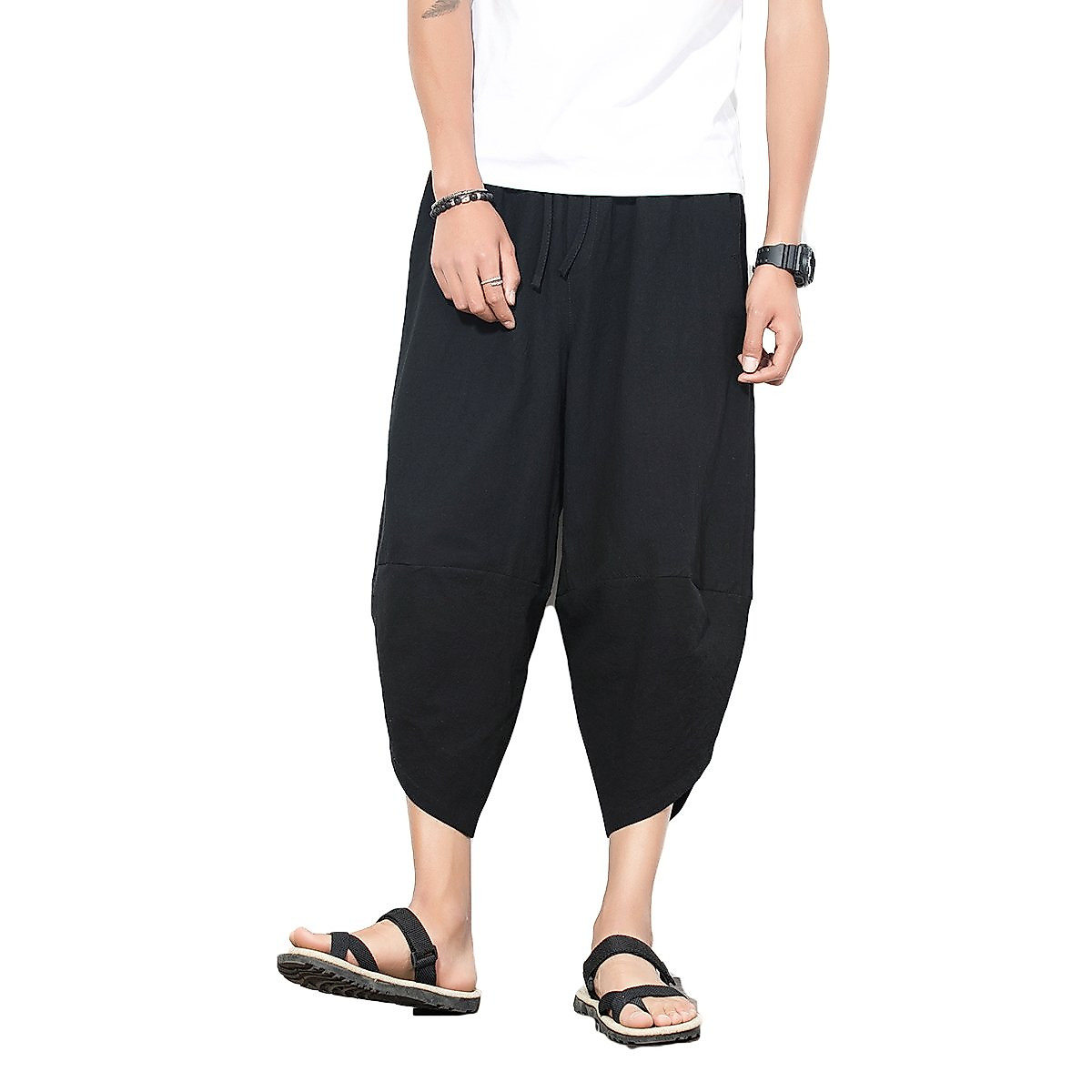 INVACHI Men's Linen Harem Capri Pants Lightweight Elastic Waist Casual Baggy Pants Beach Yoga Trousers J-black