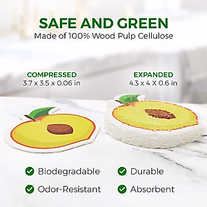 Biodegradable Cellulose Compressed Sponges Bulk - Fruit Shaped Natural Kitchen Sponges Pack of 12 - Eco Friendly Compostable Dish Sponges for Washing Dishes - Odor Free Pop Up Non Scratch Sponges