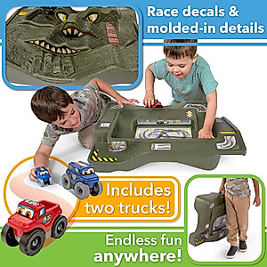Simplay3 Monster City Extreme Wheels Monster Truck and Car Race Track Table - Red or Green Portable 2 Sided Kids Play Table with 2 Monster Race Trucks - Made in USA