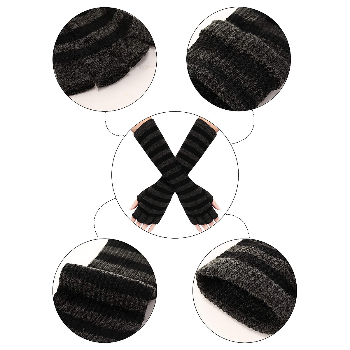 SATINIOR 4 Pairs Winter Long Fingerless Gloves Elbow Length Gloves Arm Warmer for Women (Black, Light Grey, Black White Stripe, Black Dark Grey Stripe, 11.8 Inch)