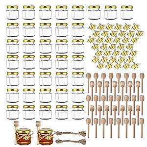 GIVAMEIHF 40 pack Mini Glass Honey jars,1.5oz Hexagon Honey Jars with Wooden Dipper,Gold Lid,Pendant,Rope,Mini Honey Jars with Lids,Perfect for Baby Shower,Wedding Favors,Party Favors