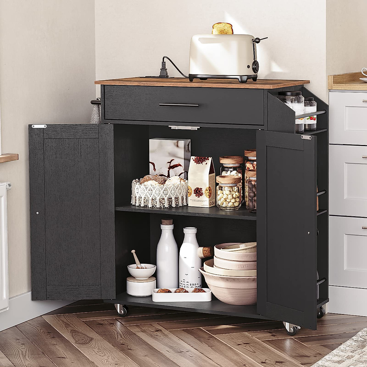HOOBRO Kitchen Island with Power Outlet, Kitchen Storage Island with Spice Rack and Drawer, Rolling Kitchen Cart on Wheels, for Home, Kitchen and Dining Room, Rustic Brown and Black