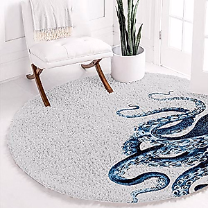 Singingin Round Area Rugs for Kids Room Ocean Octopus Shag Area Rug Non-Slip Soft Plush Floor Carpet Mat for Nursery, Living Room, Bedroom, Modern Home Decor Diameter 5ft