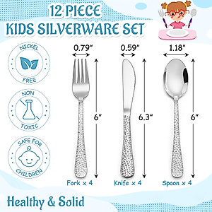 E-far 12-Piece Toddler Silverware, Stainless Steel Kids Preschooler Utensils with Adult Look, Hammered Flatware Includes 4 Forks 4 Spoons 4 Knives, Safe for Self Feeding, Non-Toxic & Dishwasher Safe