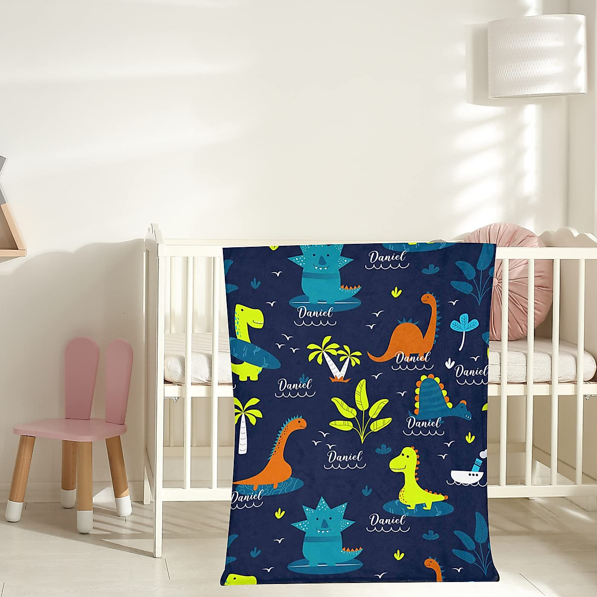 Custom Name Blanket for Baby Boys Personalized Dinosaur Blanket Dark Blue Throw Blanket for Kids Boys Adults 50"x60"Inch