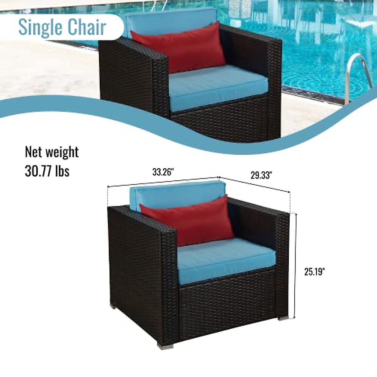 HomSof 6-Piece PE Rattan Wicker Sectional Cushioned Sofa Sets with 1 Red Pillow, Blue + Brown
