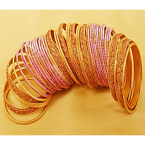 Touchstone Indian Bollywood Glamorous Fashion Wrist Enhancing Shimmering Golden Glitters Textured Peach Color Designer Jewelry Bracelets Bangle Chura. Set of 48 in Gold Tone for Women.