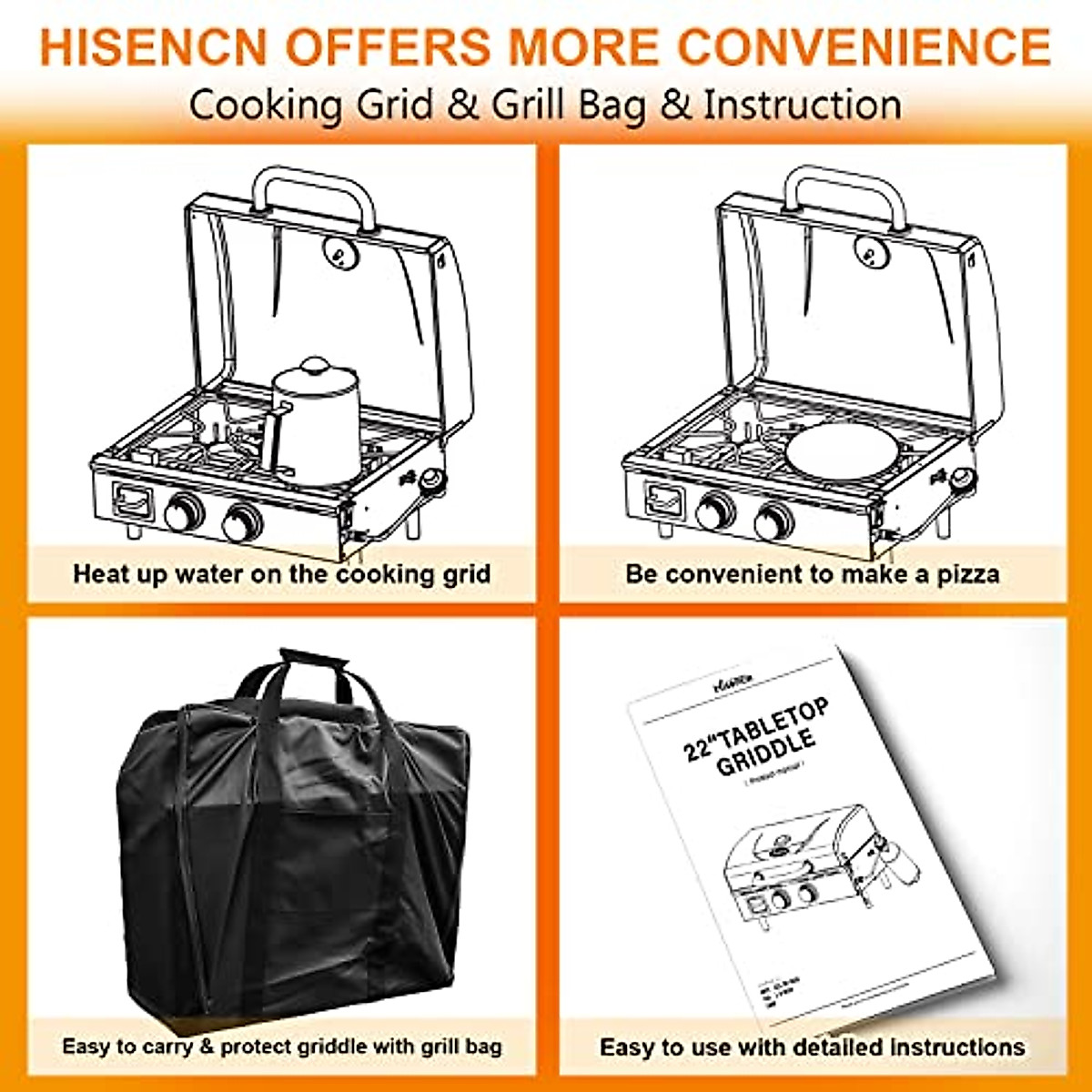 Hisencn Portable Flat Top Grill Propane Gas Grill, Portable Folding Grill Cart Outdoor Griddle Stand Shelf, RV - 348 sq. in. Heavy Duty & 24000 BTUs Griddle for Tabletop BBQ Grill, 22 Inch with Hood