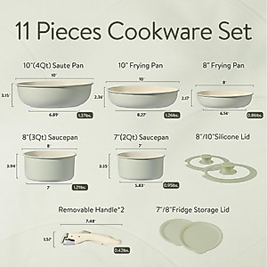 CAROTE Pots and Pans Set, Nonstick Cookware Set Detachable Handle, 11pcs Induction Kitchen Cookware Sets Non Stick with Removable Handle, RV Cookware Set, Oven Safe, Green