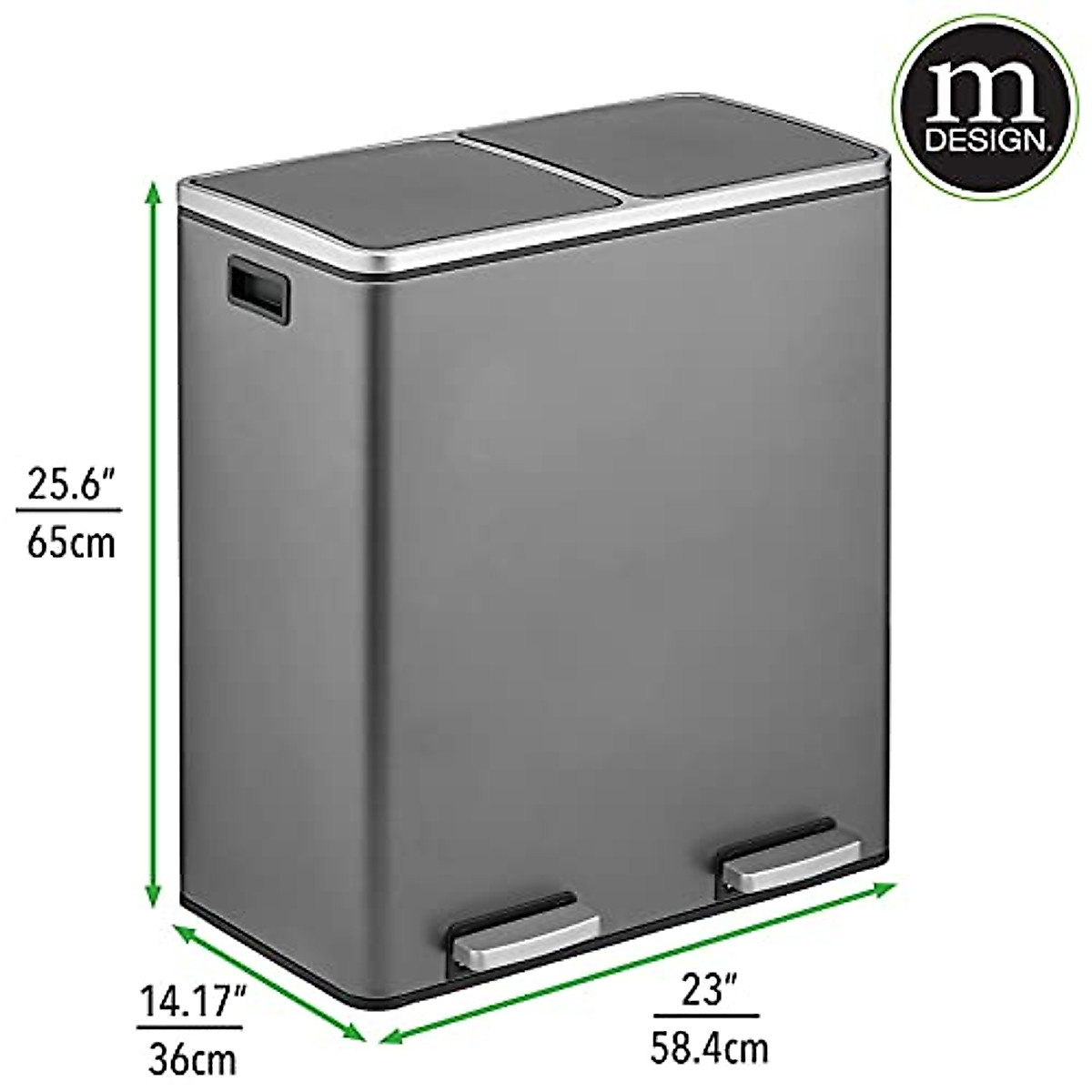 mDesign Metal Steel 16 Gallon/60-Liter, Dual Compartment Step Trash Can; Double Bin Trash Can/Recycler Combo for Kitchen; Holds Garbage, Recycling; Features Two Removable Liner Buckets - Graphite Gray