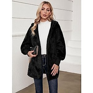 LookbookStore Lightweight Cardigan Women Faux Shearling Oversized Coat Shaggy Fuzzy Fleece Open Front Hooded Cardigan Black Fleece Jacket 2024 Winter Coats for Women Size L Size 12 14