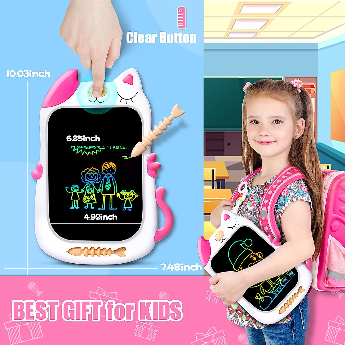 GJZZ Drawing Doodle Board Toys for 3 4 5 6 7 Year Old Girls Boys Gifts, LCD Writing Tablet and Scribble Board Learning Toy for Kids, Birthday Gift for Toddler - Pink White