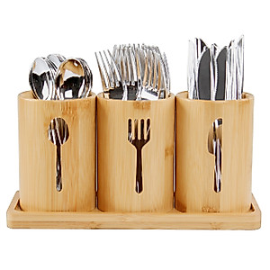 7Penn Standing Utensil Organizer Caddy - 3 Cup Bamboo Countertop Utensil Holder for Party Camping and Kitchen