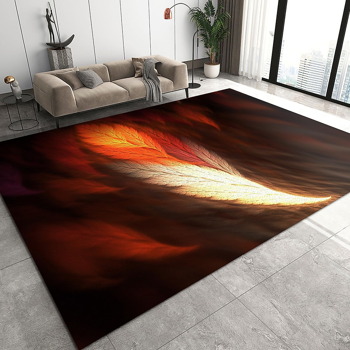 Feather Leaf Area Rug, Modern Fashion Washable Rugs, Decorative Rug Non Slip Machine Washable for Living Room Play Room Backyard Patio Farmhouse Under Kitchen Table Dorm Office Home Floor Mat-3ft×5ft