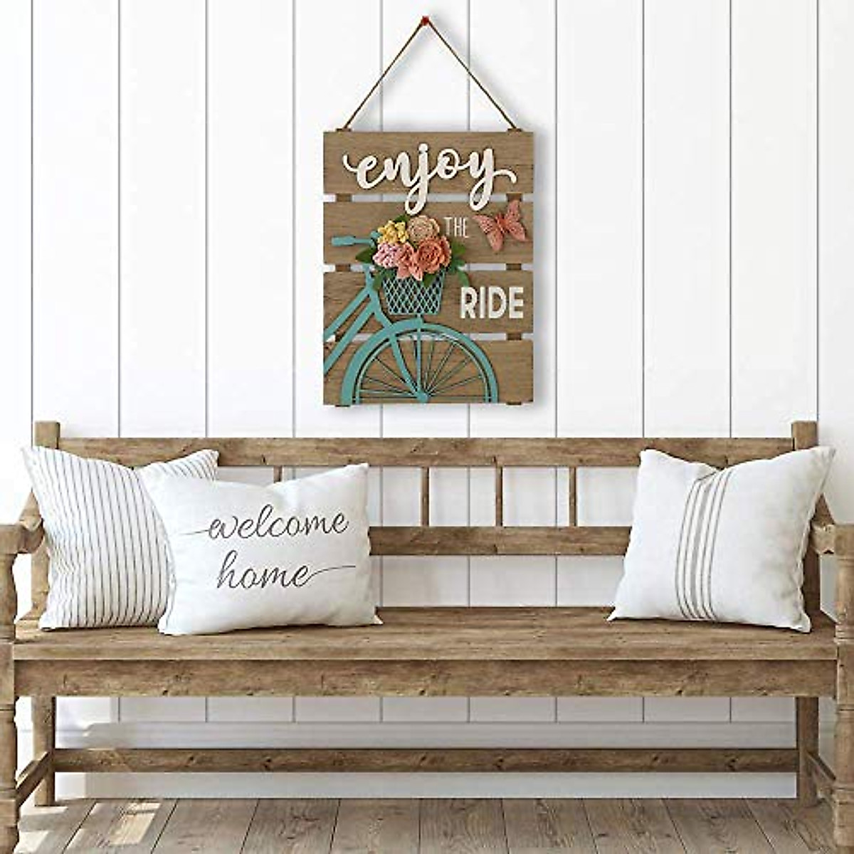 Farmhouse Wall Decor Spring Decorations for Home Metal Bicycle Butterfly Floral Sign Wood Rustic Wall Plaque Hanging Art Gift Indoor Outdoor 11" X 15" - Enjoy The Ride