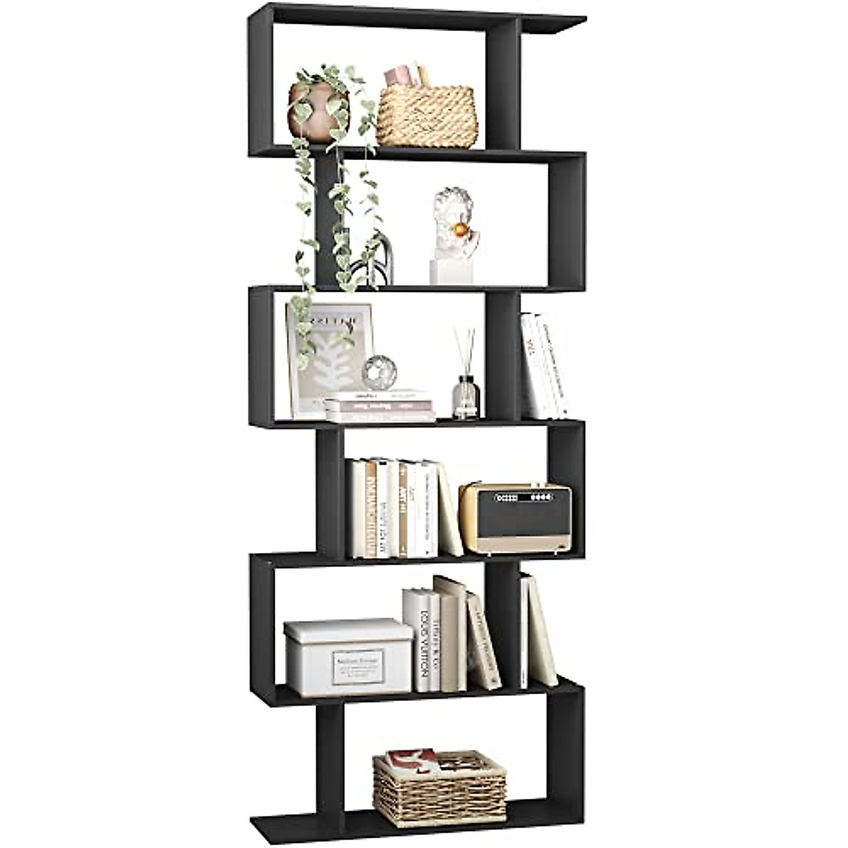 HOMEFORT Wooden Geometric Bookshelf,6-Tier S-Shaped Bookcase,6 Shelf Morden Bookshelves,Unique Freestanding Tall Book Shelf and Book Case for Bedroom and Living Room Home Office,Black