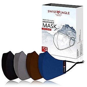 Swiss Eagle MULTICOLOUR Cotton Respirator 6 Layer Reusable Outdoor Face Mask (PACK OF 4) (Black Grey Brown Royal Blue)