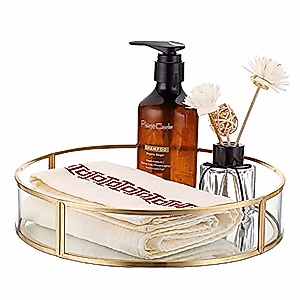 ELLDOO Gold Round Glass Tray, Mirror Jewelry Tray Perfume Tray Mirror Vanity Tray Dresser Tray Ornate Tray Metal Decorative Tray Perfume Organizer Makeup Tray for Vanity Dresser