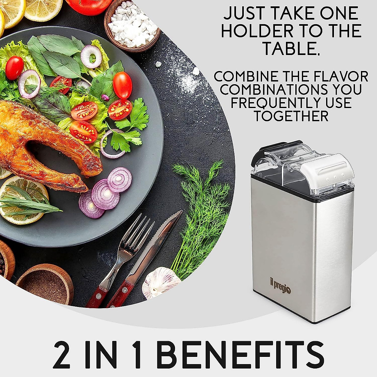 Salt & Pepper Shaker - Double Spice Stainless Steel Seasoning Jar Shaker - 2 in 1 Salt and Pepper Dispenser with Adjustable Pour Holes | 2.3oz Per Side