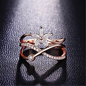 AIMAOMI Inlaid Zircon Flower Ring for Women CZ Simulated Diamond Wedding Ring Proposal Engagement Ring (Rose Gold, 8)
