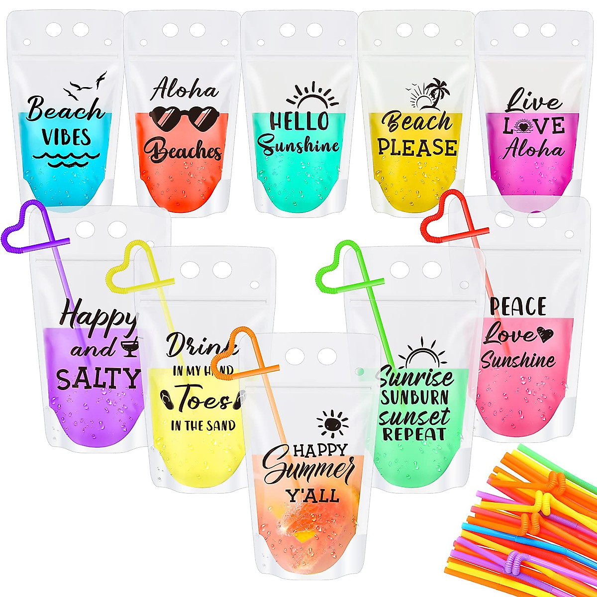Summer Drink Pouches with Straws Beach Drink Pouches for Adult Translucent Party Beverage Bags Stand up Juice Pouches Plastic Drink Container with Zipper Juice Freezer Bags for Party Favor (30 Sets)