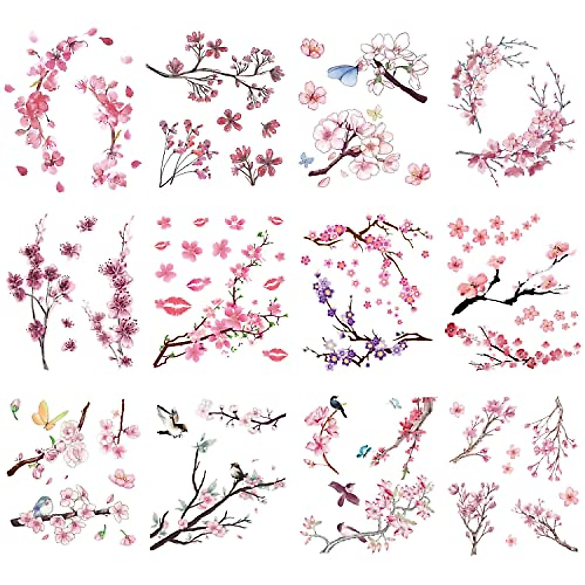 Glaryyears Flower Birds Temporary Tattoos, 12 Sheets Cherry Blossoms Fake Realistic Tattoo Sticker for Women Girls, Sexy Leaf Body Art for Seasons
