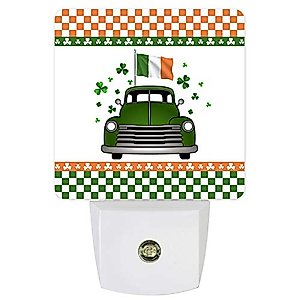 Plug-in Night Light,Green Truck Ireland Flag St. Patrick's Day Wall LED Lamp with Sensor Auto Dusk to Dawn Sensor,Lucky Clover Nightlights for Bedroom,Bathroom,Kitchen,Hallway,Stairs 2.95"Wx4.5"H
