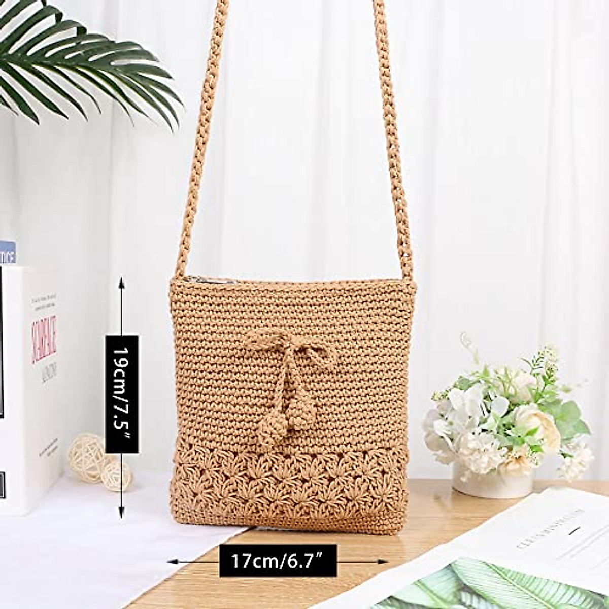 JBRUN Women Straw Crossbody Purse Beach Handmade Woven Shoulder Bag Cotton Crochet Tassel Square Bag Bohemian Messenger Bag (E-Brown)