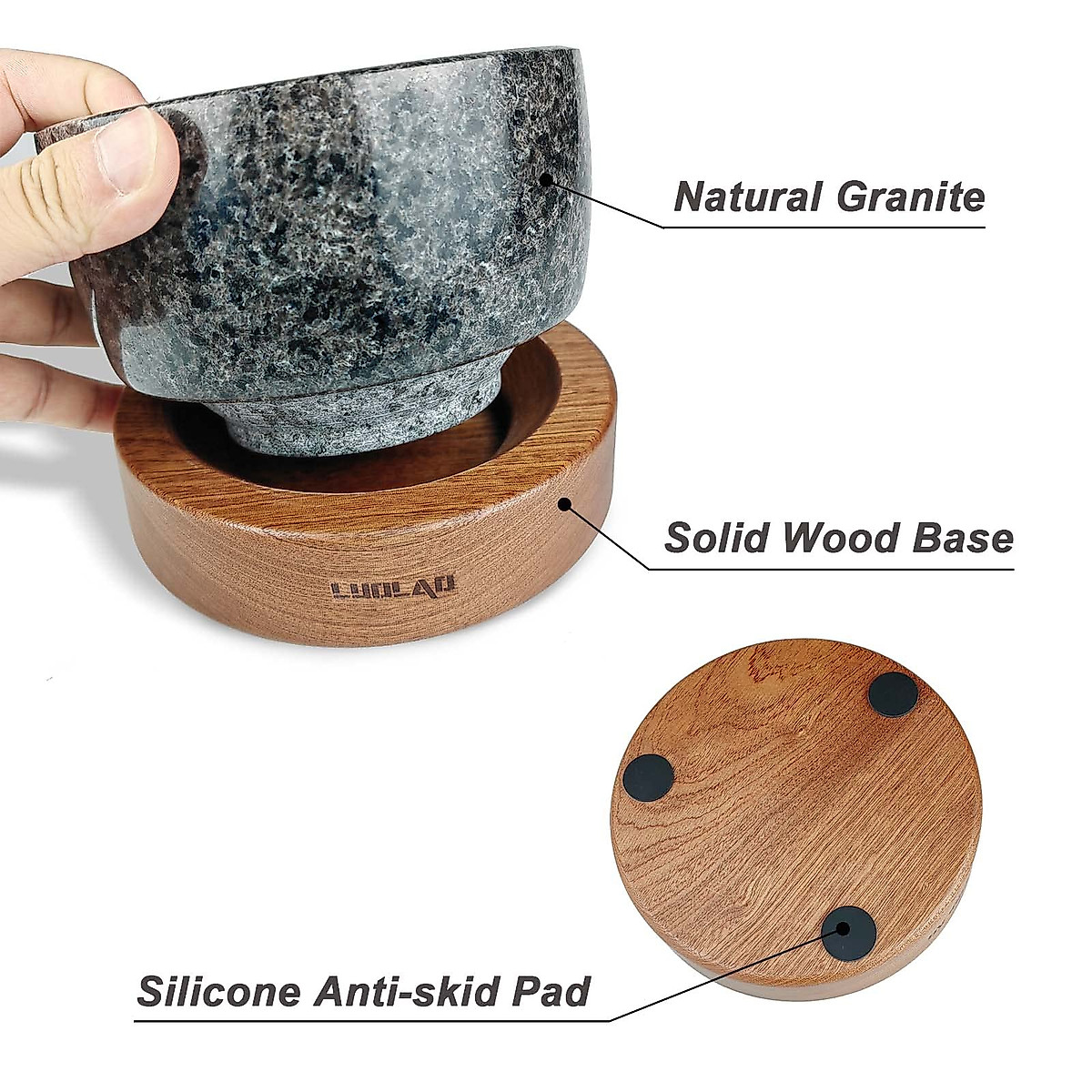 LUOLAO Large Mortar and Pestle Set, 2 Cup Capacity, Heavy Granite Stone Molcajete Bowl with Wood Base, Used in Guacamole, Salsa, Herb Crusher, Grind and Crush Spices and Nuts to Release Flavor, Black