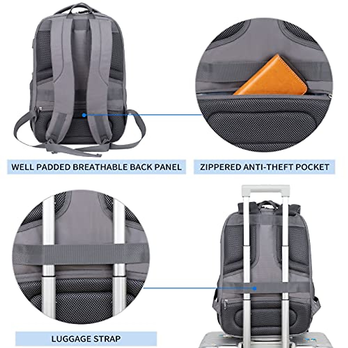 KROSER Travel Laptop Backpack 17 Inch Large Computer Backpack Water-Repellent Daypack with USB Charging Port & Headphone Interface RFID Pockets for Work/Business/College/Men/Women Dark grey(Quilted)