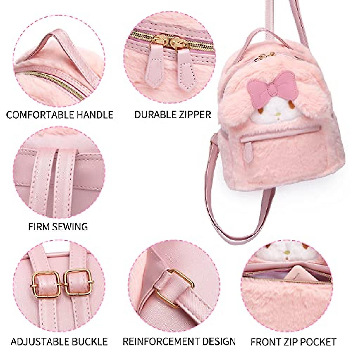 Cute Toddler Backpack for Gilrs, Kawaii School Plush Backpack, Lolita Anime Fluffy Fuzzy Bookbag Backpack for School Birthday Gift (Pink)