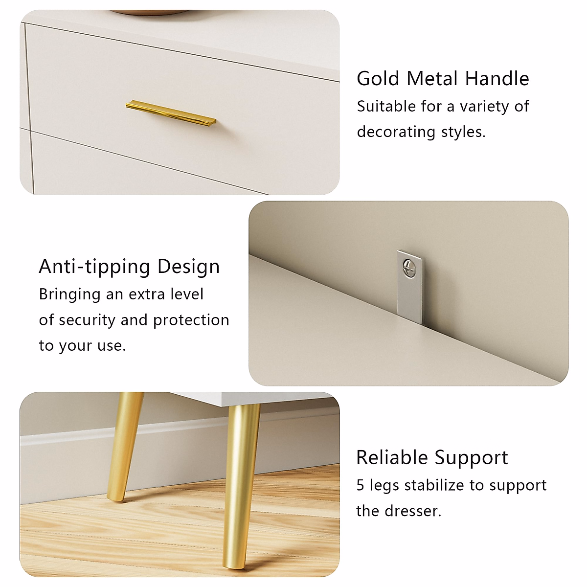 LYNSOM White Dresser for Bedroom, 6 Drawer Wood Double Dresser with Gold Handles, Modern Wide Chest of Organizer Storage Drawers for Living Room, Hallway, Entryway