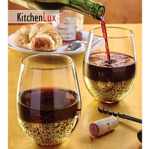 Kitchen Lux 18 oz Gold Rimmed Stemless Wine Glasses for Parties – Set of 6 Gold Wine Glass Cocktail Tumblers – Large Crystal Clear Wine Cups - Deluxe Glassware Gift for Christmas - Dishwasher Safe