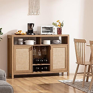 SICOTAS Coffee Bar Cabinet, 51" Rattan Sideboard Buffet Cabinet with Storage, Boho Farmhouse Liquor Cabinet with Wine Racks Credenza Console Buffet Table for Home Living Dining Room Entryway, Natural