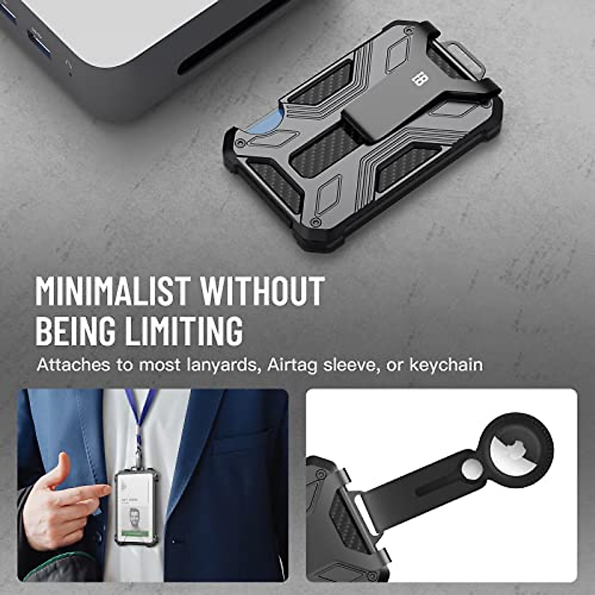 Minimalist Wallet for Men - Slim Aluminum Metal Wallet with Money Clip, ID Badge Holder, RFID Blocking Credit Card Holder, Hold Up to 15 Cards - Front Pocket Carbon Fiber Smart Wallet, Gift for Men…