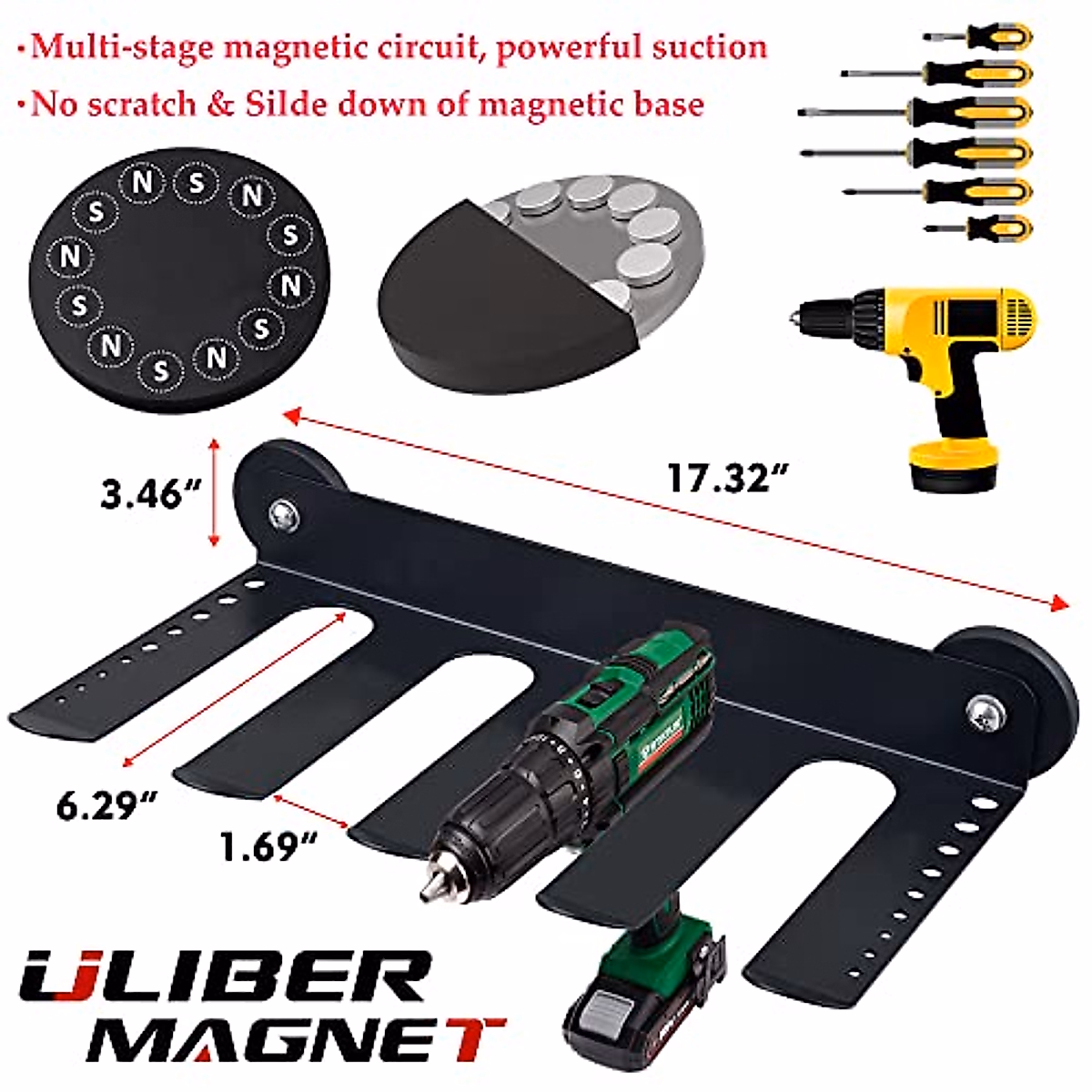 ULIBERMAGNET Magnetic Power Tool Organizer, Utility Storage Rack Shelf with Screwdriver Holder,Heavy Duty Strong Magnetic Hooks,Removable Tool Rack Suitable for Garage, Workshop and Warehouse