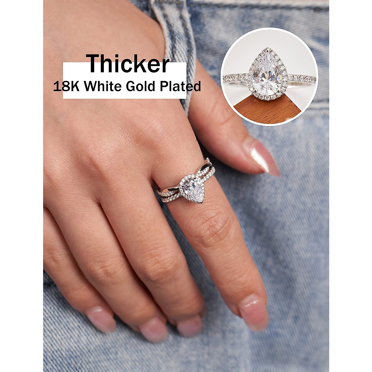 Oivley 2CT Pear Shaped Engagement Rings for Women Teardrop Sterling Silver Rings with 18K White Gold Plated Cubic Zirconia Wedding Rings for Women Promise Rings for Her-70