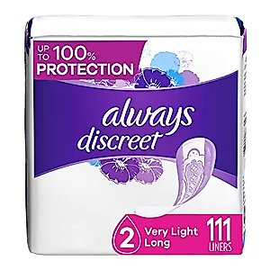 Always Discreet Adult Incontinence & Postpartum Liners for Women, Size 2, Very Light Absorbency, Long Length, 111 Count x 2 Packs (222 Total count)