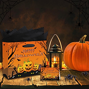 Large Happy Halloween Bag, Orange Halloween Paper Gift Bag with Tissue Paper and Card, Halloween Party Favors Bags Pumpkin Gift Bag, Halloween Wrapping Gift Paper for Halloween Party Gift Supplies