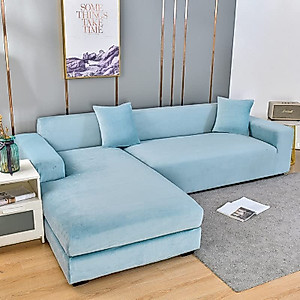 Velvet Sofa Slipover for L/U Shape Chaise Lounge Sofa Cover, Stretch 1 2 3 4 Seat Sectional Couch Cover Non Slip Furniture Protector (Light Blue,L Shape(3seat+4seat))