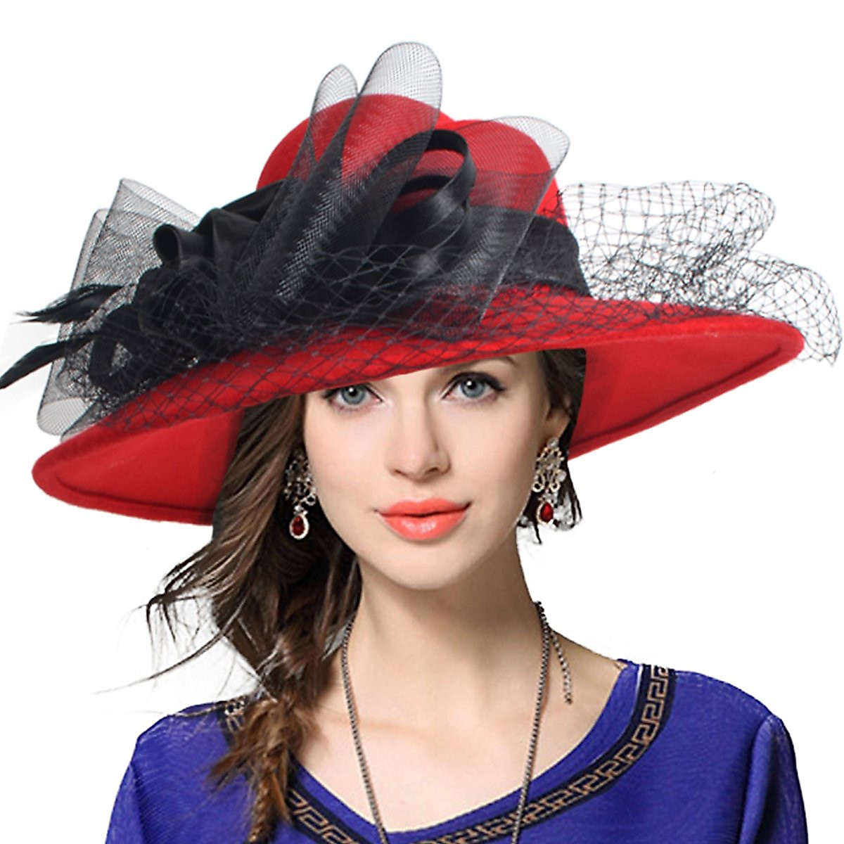 VECRY Women's Fascinator Wool Felt Hat Cocktail Party Wedding Fedora Hats (B-Red)