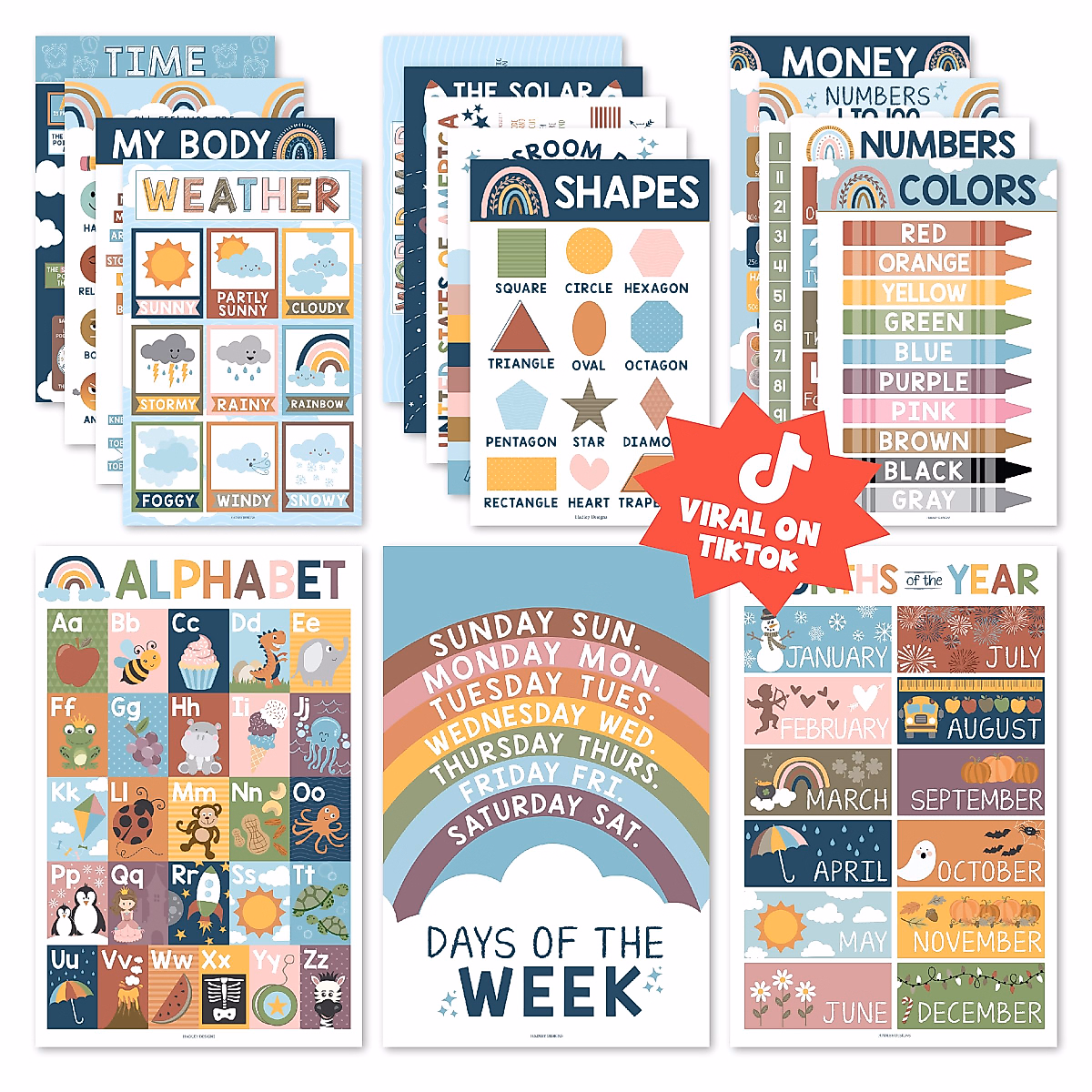 16 Boho Kids Educational Posters For Toddlers - Teacher Posters For Classroom Posters Elementary, Pre K Learning Posters For Toddlers 1-3, Kindergarten Homeschool Supplies, Alphabet Poster For Toddler