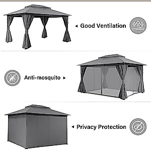 LAUSAINT HOME Outdoor Patio Gazebo 10'x13' with Expansion Bolts, Heavy Duty Party Tent & Shelter with Double Roofs, Mosquito Nettings and Privacy Screens for Backyard, Garden, Lawn, Smoke Grey