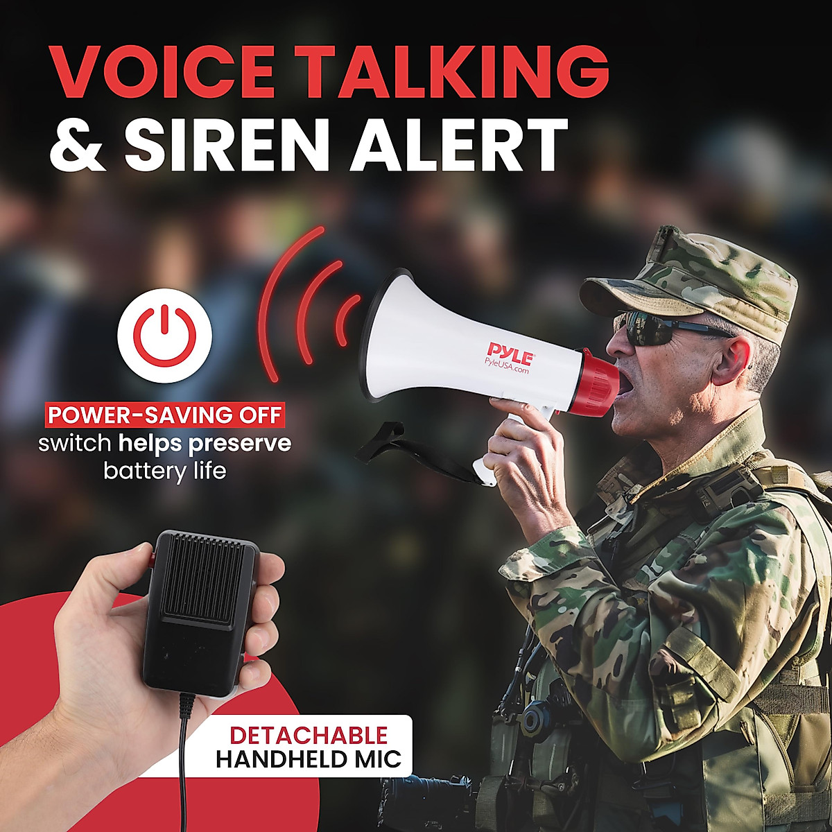 Pyle Megaphone Speaker PA Bullhorn Built-in Siren - Adjustable Volume Control & 800 Yard Range - for Football, Soccer, Baseball, Hockey & Basketball Cheerleading Fans & Coaches or for Safety Drills