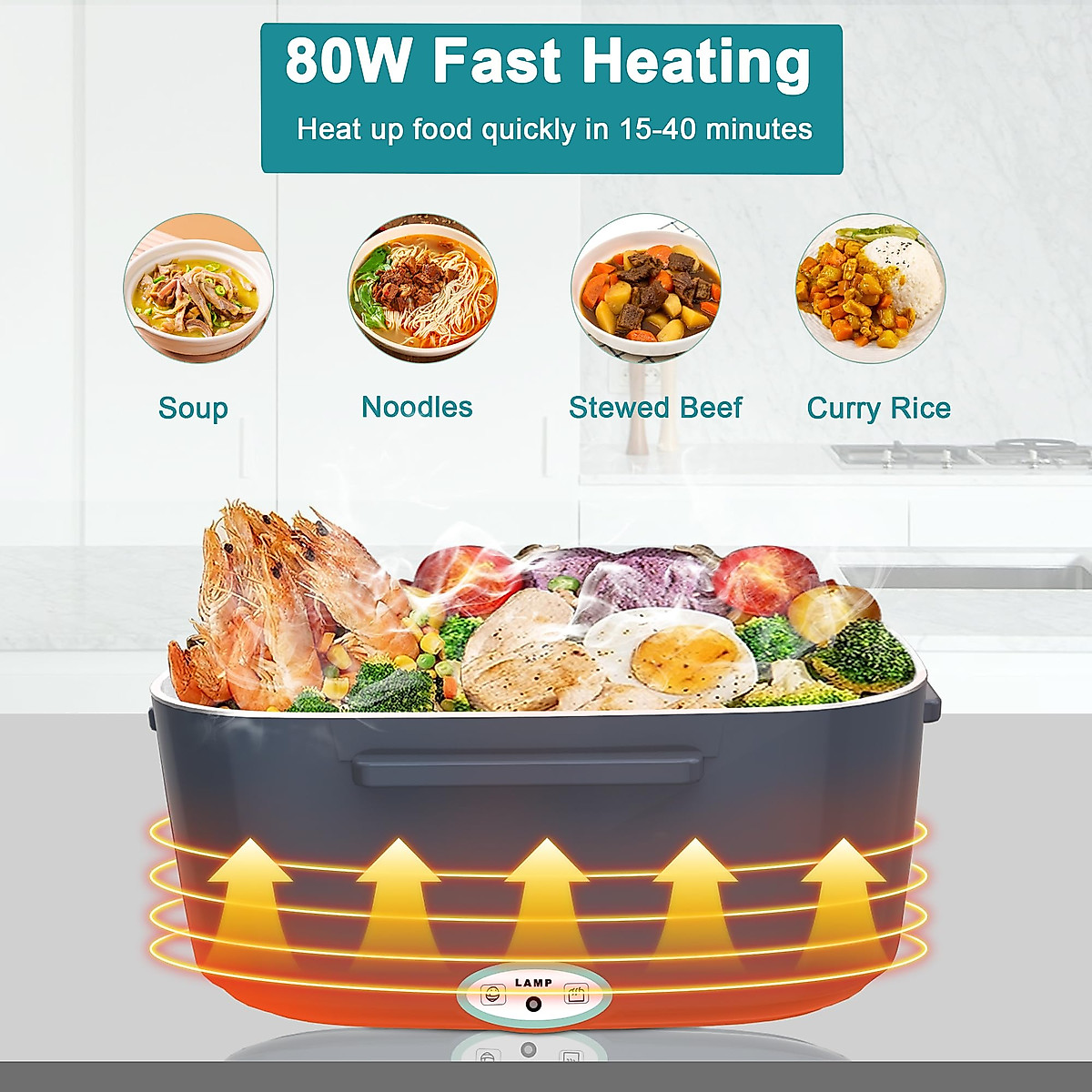 Electric Heated Lunch Boxes Adults: 80W Electric Lunch Box Food Heated 12/24/110V 1.5L Heatable Lunch Box for Car/Truck/Office Leak-Proof Stainless Steel Container, Fork & Spoon, Bag (Grey+Green)